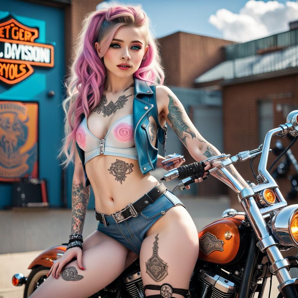 "Heavily tattooed Chole Grace Moretz mixed with belle delphine in skimpy cyberpunk outfit full ...