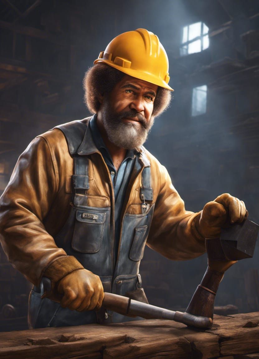 photorealistic, Bob ross wearing construction worker clothes with ...