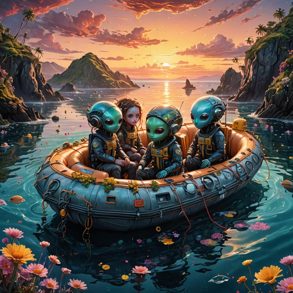 Aliens in Life Boat Drift on Ocean at Dusk - AI Generated Artwork ...