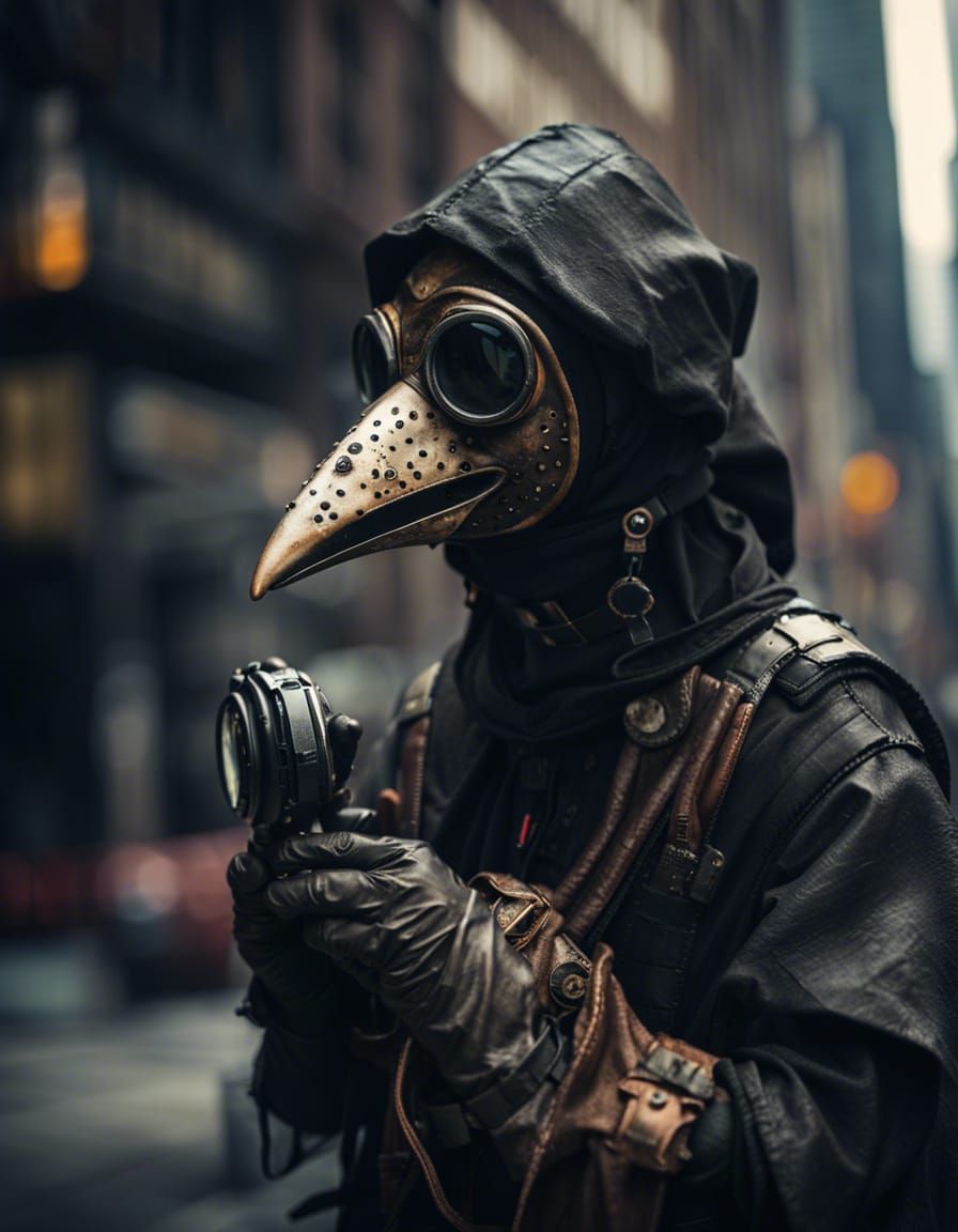 Dystopian plague doctor hazmat suit bird beak respirator in post ...