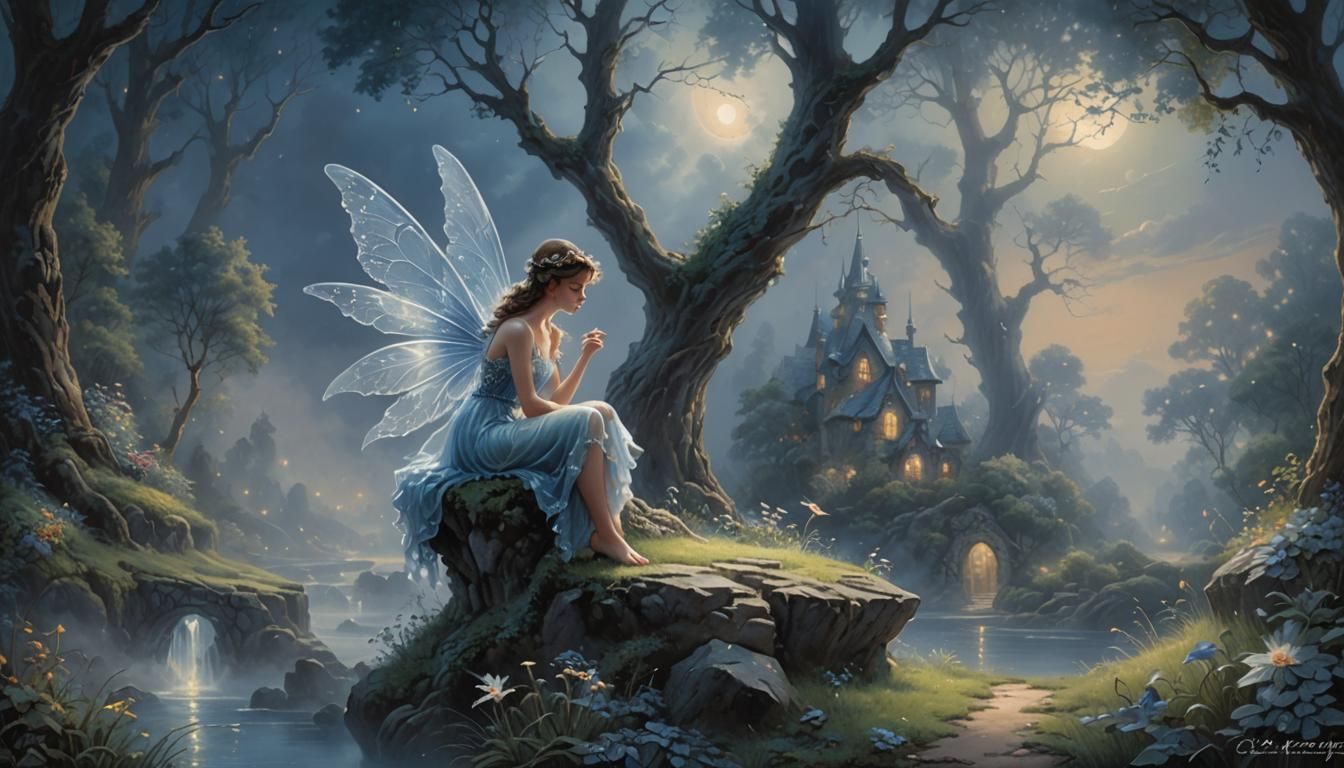 Fairy in Dappled Moonlight - Fairy in Moonlit Woodland Scene...