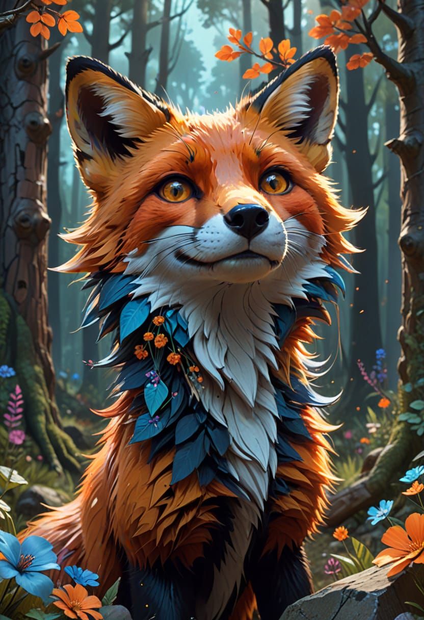 Vibrant Surrealist Fox in Enchanted Woodland - AI Art