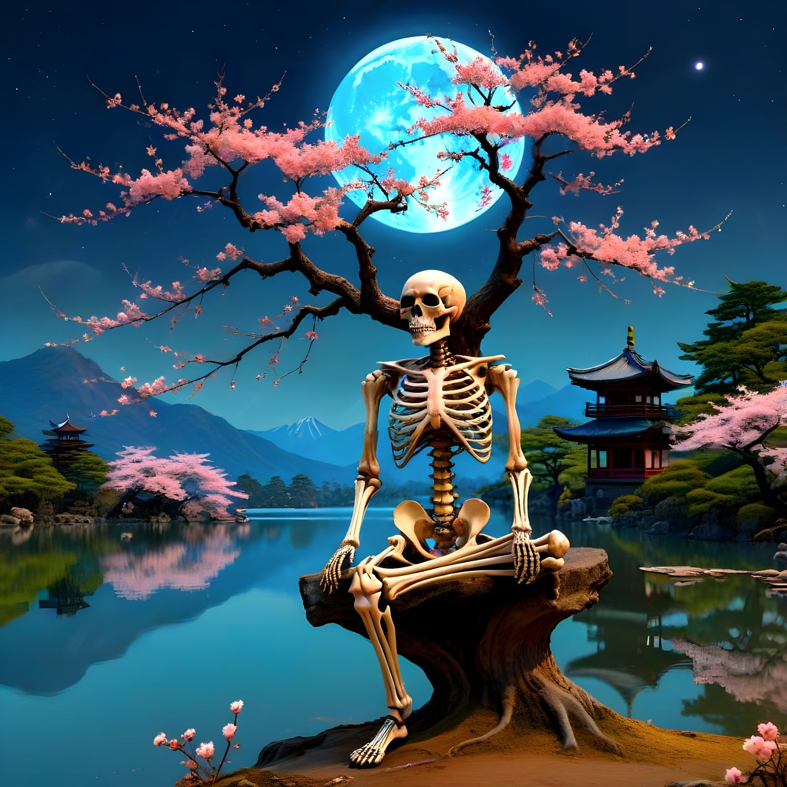 A dark withered skeleton under ancient sakura tree in front of a lake ...