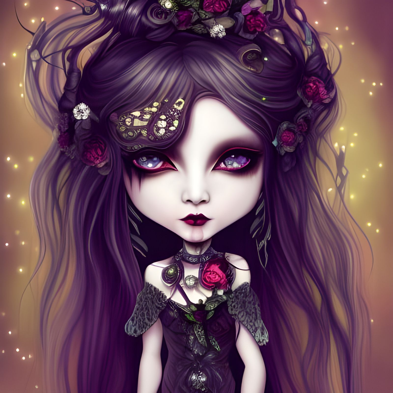 Whimsical doe-eyed goth chibi with long hair, flowing flowered dress, whimsical detailed fantasy ...