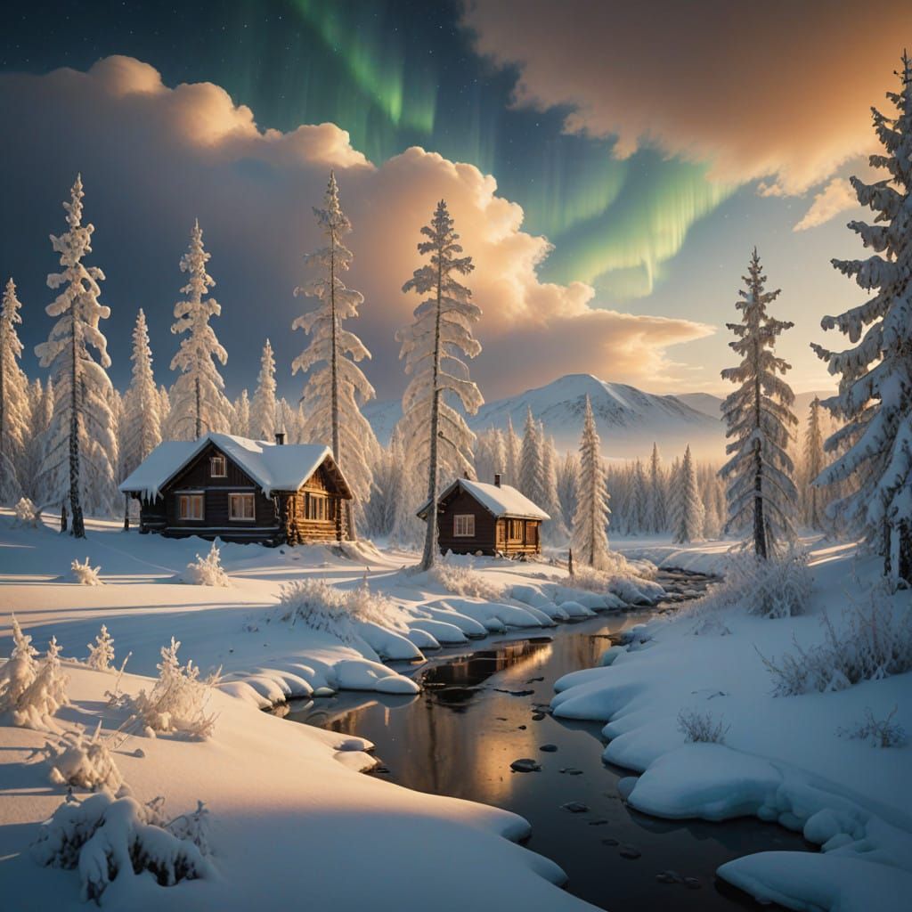 Serene Lappland Winter Scene in Warm Golden Light - AI Art