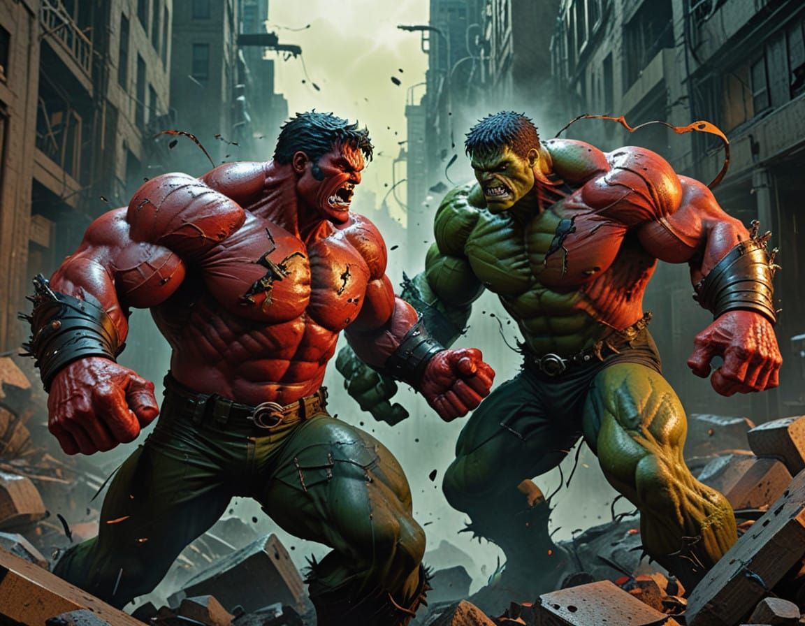 Epic Comic Book Battle of Red Hulk vs Green Hulk - AI Art