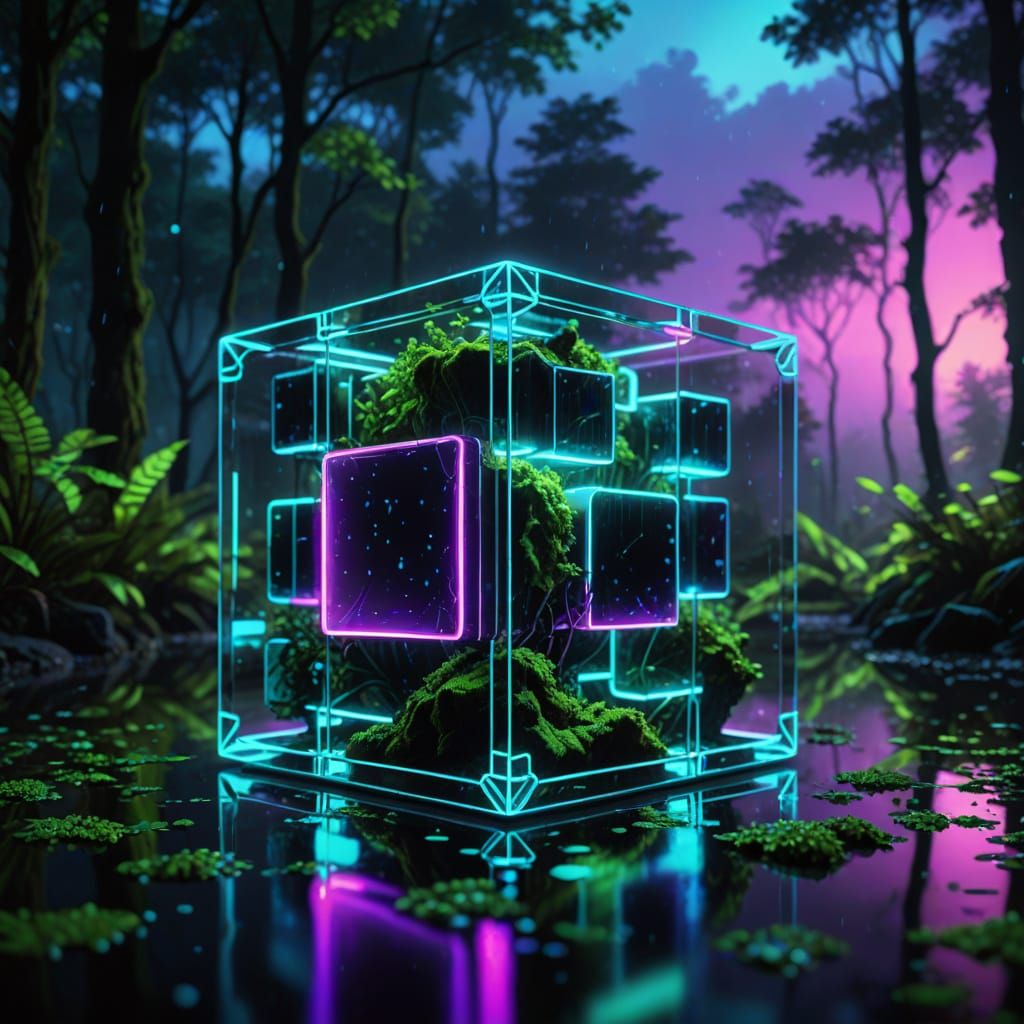 Surreal Glass Cube Creature in Neon Forest Landsca... - AI Art