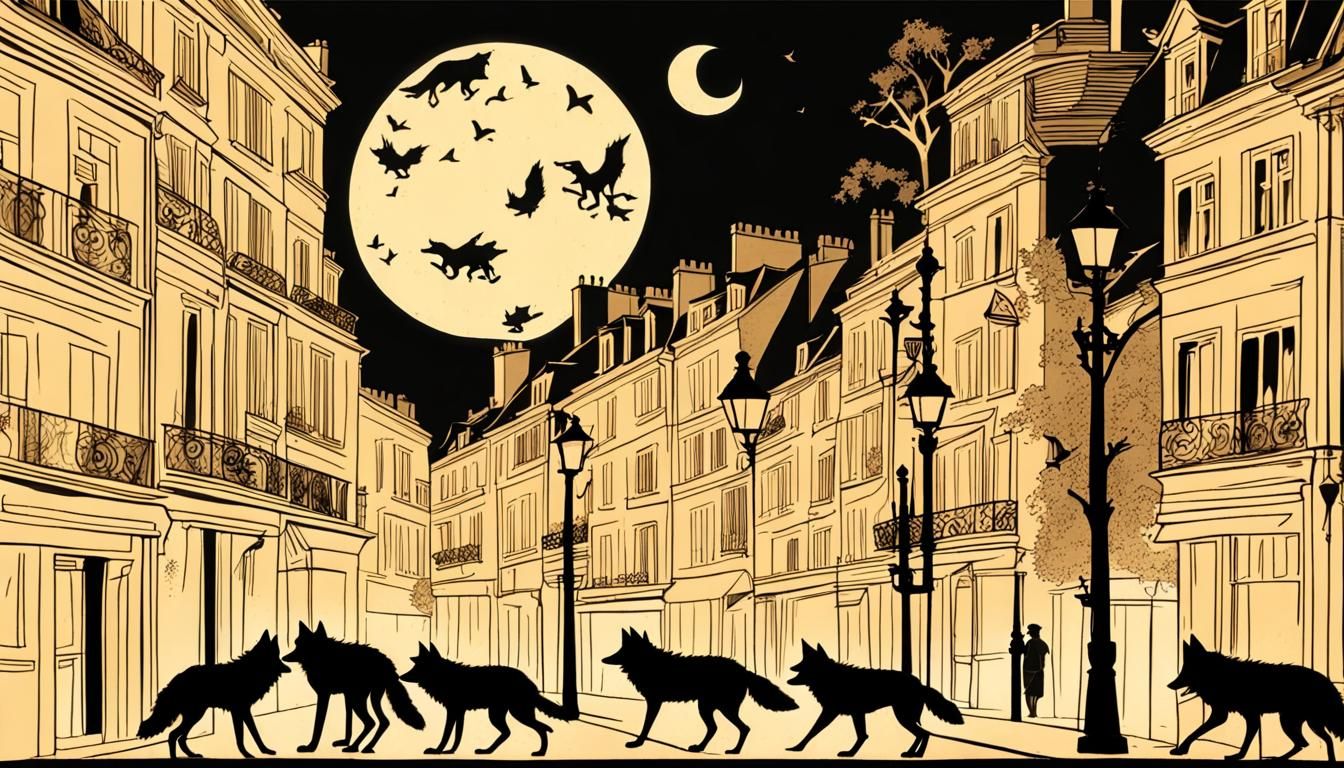 The wolves roam the streets of Paris at full moon. Golden Ratio. Golden ...