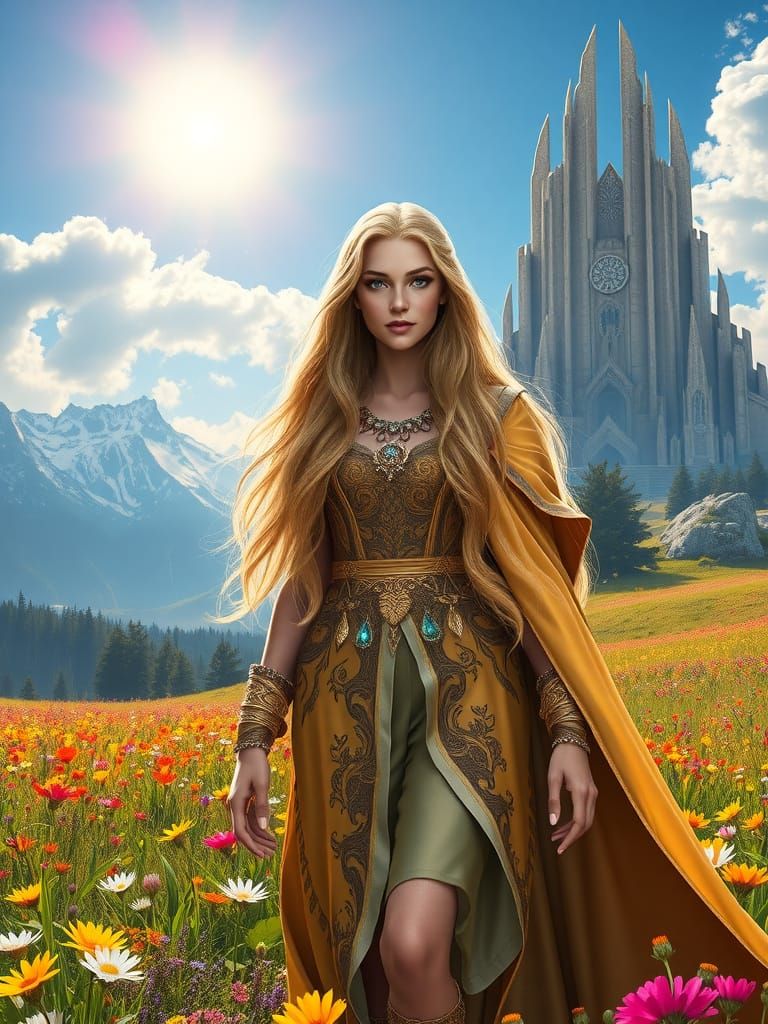 Norse Goddess Freya in Vibrant Asgard Landscape - AI Art