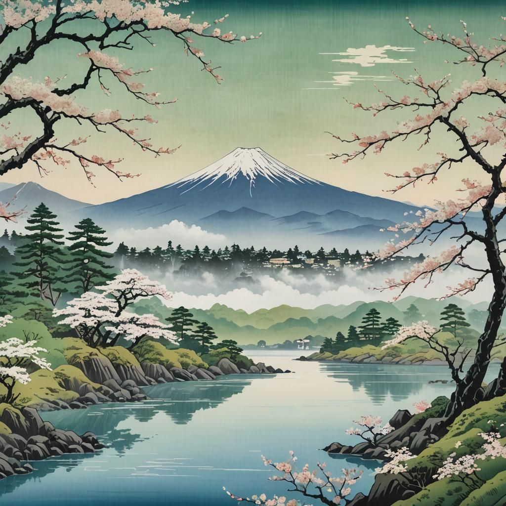 Mount fuji - Breathtaking Ukiyo-E Style Panorama of Mount F...