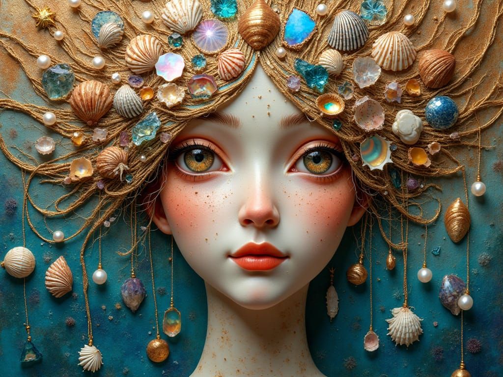 The face - Surreal, Oceanic Goddess with Shimmering Gold Eye...