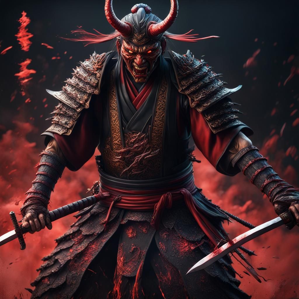 Evil samurai possessed by demons, ripping face apart vertically with ...