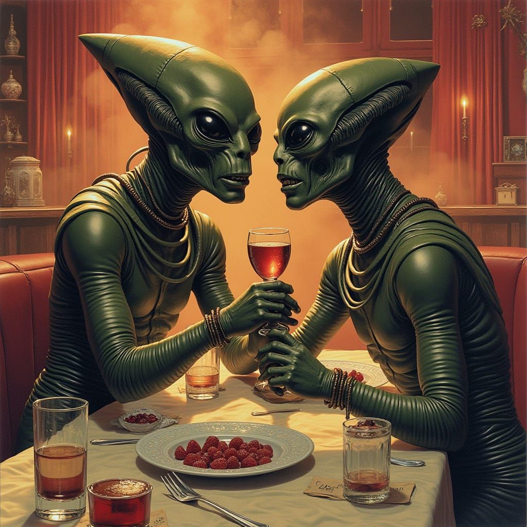 Aliens on a Fancy Date in a Post-Apocalyptic Renai... - AI Art