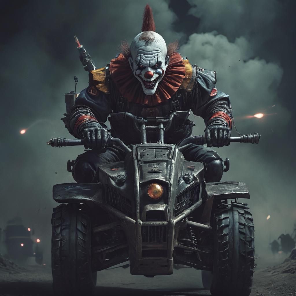 Macabre Clown Rides Quad with Rocket Launcher in D... - AI Art