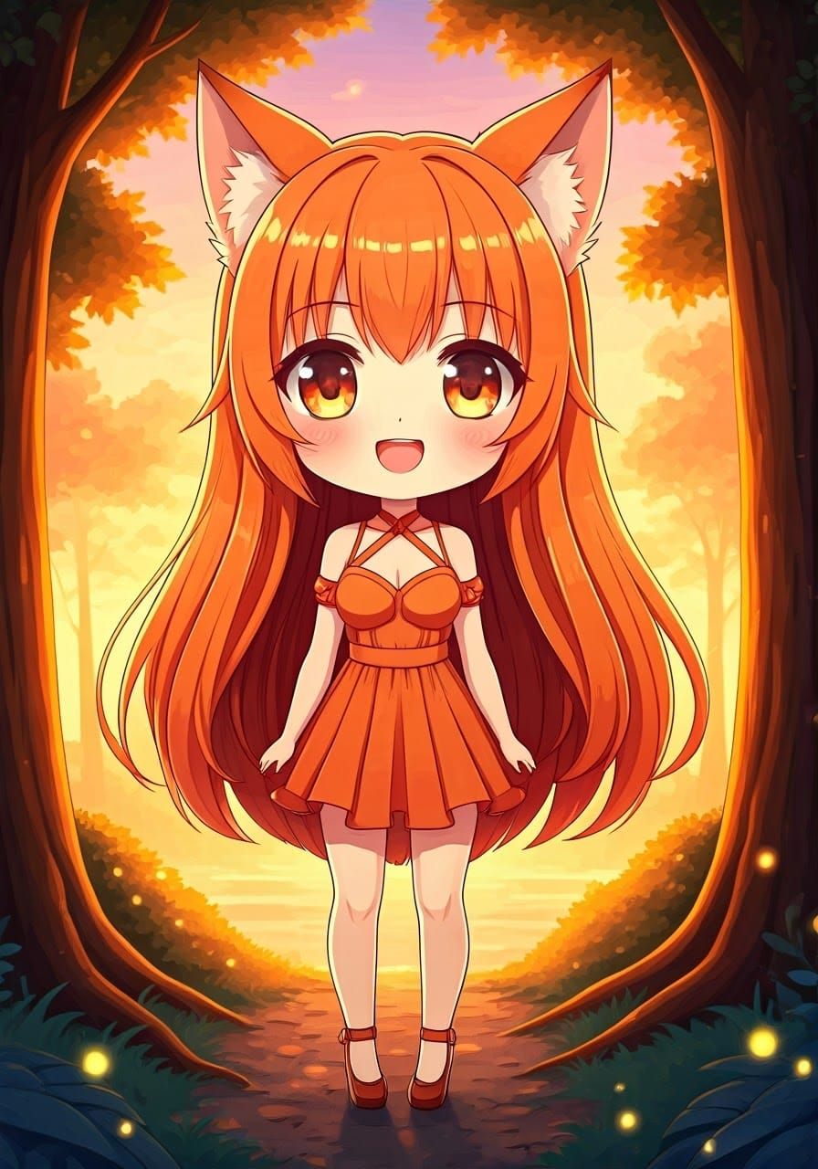 Chibi Girl Enlightened in Sunset Forest - AI Art