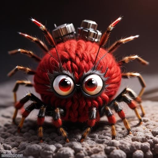Cute and fluffy tiny red baby spider. knitted yarn. wool. fluffy ears ...