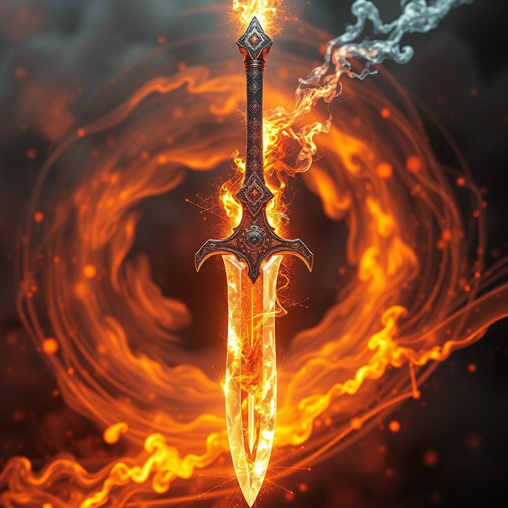 A majestic, ethereal sword born from the fusion of fire and wind, with ...