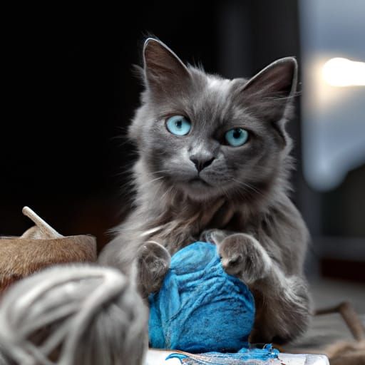 cute cat playing around with wool, grey with blue eyes, realistic ...
