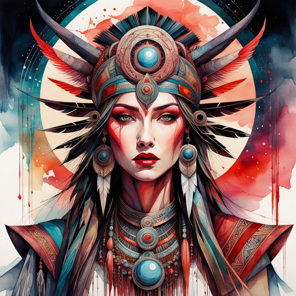 Bloodmoon Shaman, epic Stylized watercolor Illustration, by Waterhouse ...