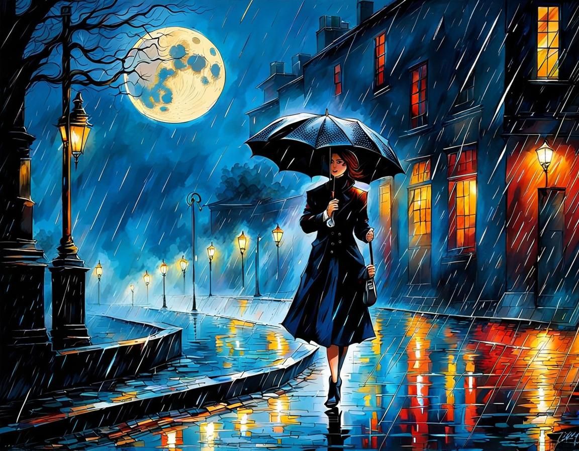 Moonlit portrait, Beautiful portrait of a lady holding_blue_umbella ...