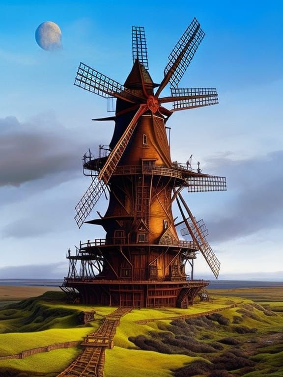 Photorealistic photo of a giant wooden steampunk mult-leveled windmill ...