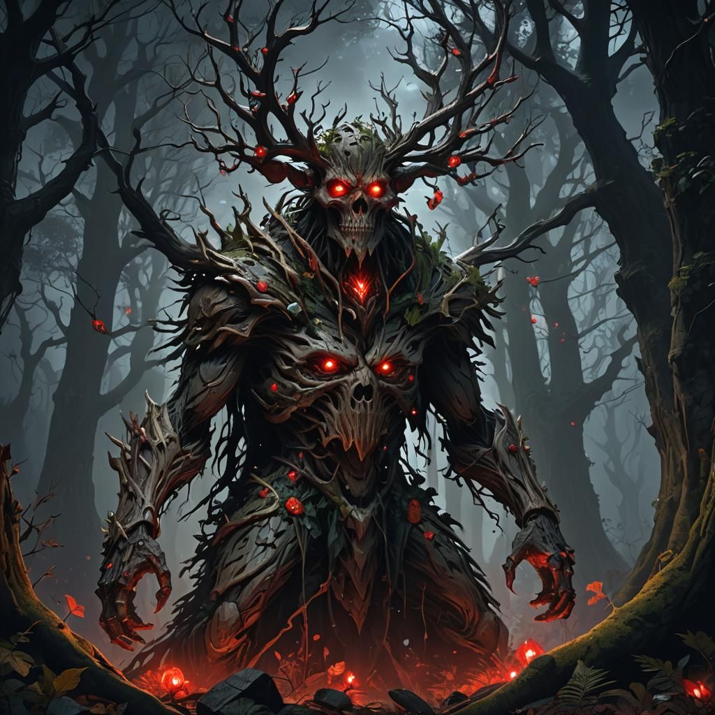 "Evil treant in a dark forest at night,