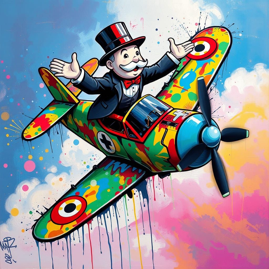 Monopoly plane being flown by Mr Monopoly