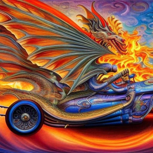 A Dragon driving a fire-breathing dragster race car. Josephine Wall ...