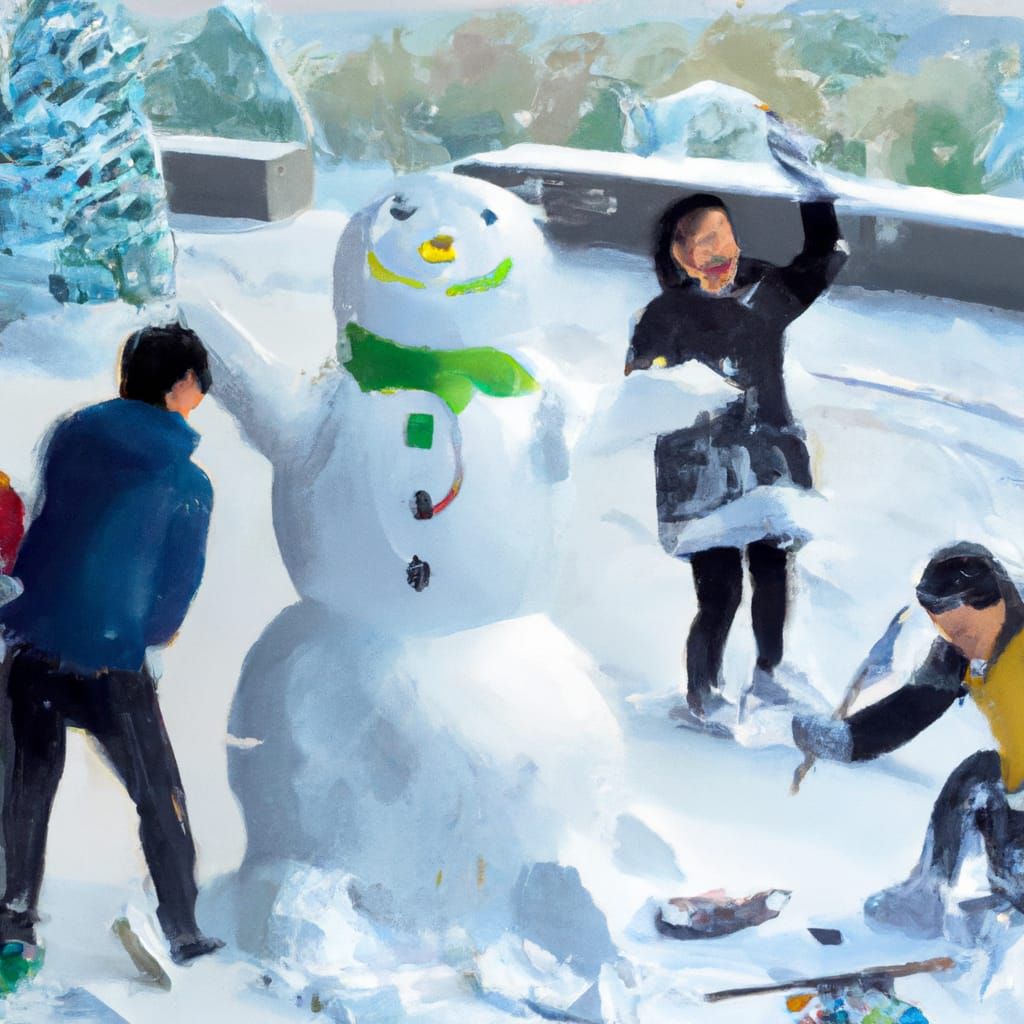 Building a snow man on snowy day group of laughing teenagers oil ...