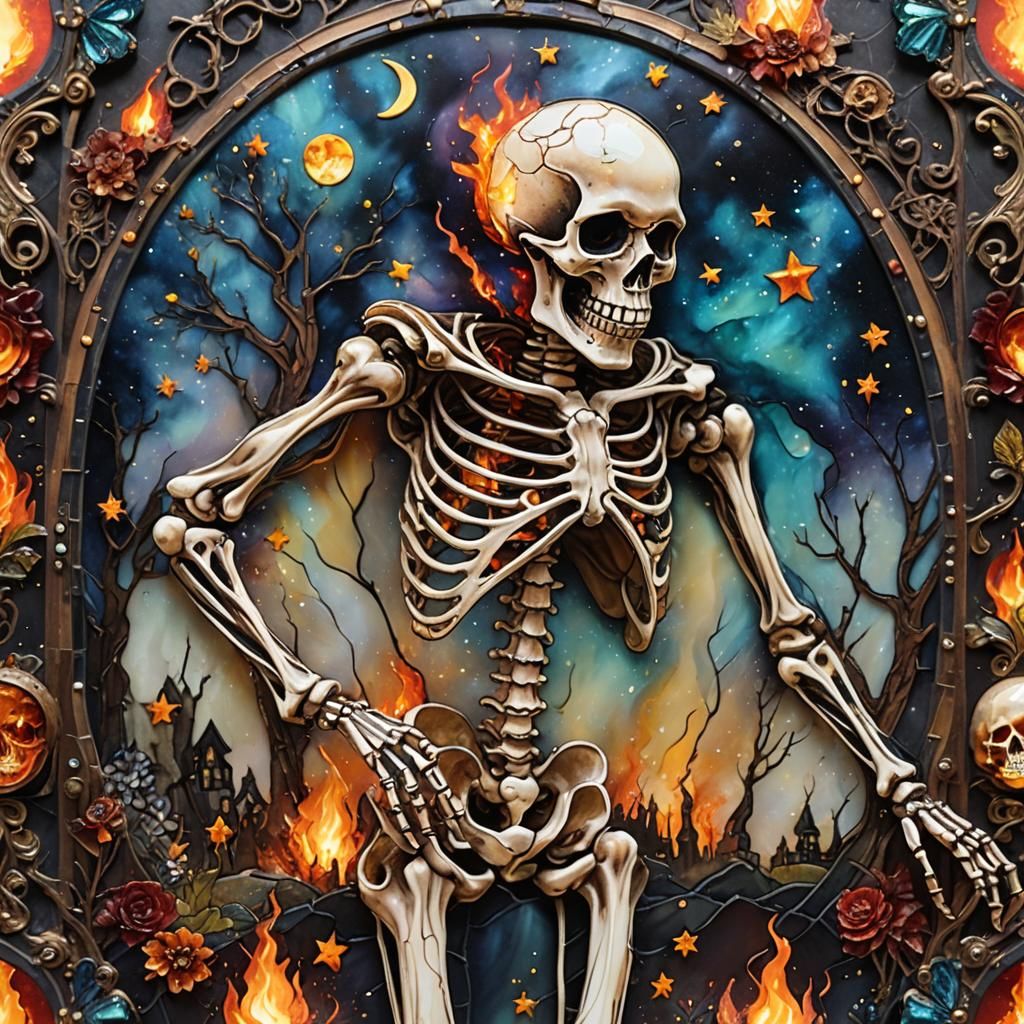 Bones on Fire - Surreal Whimsical Skeleton Fleeing Burning C...