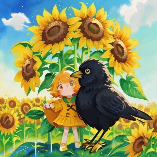 A sunflower field with bright yellow blooms all around, there are two whimsical little crows ...