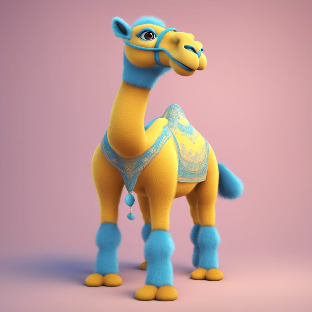 Realistic 3d render of a happy, furry and cute yellow and blue camel ...