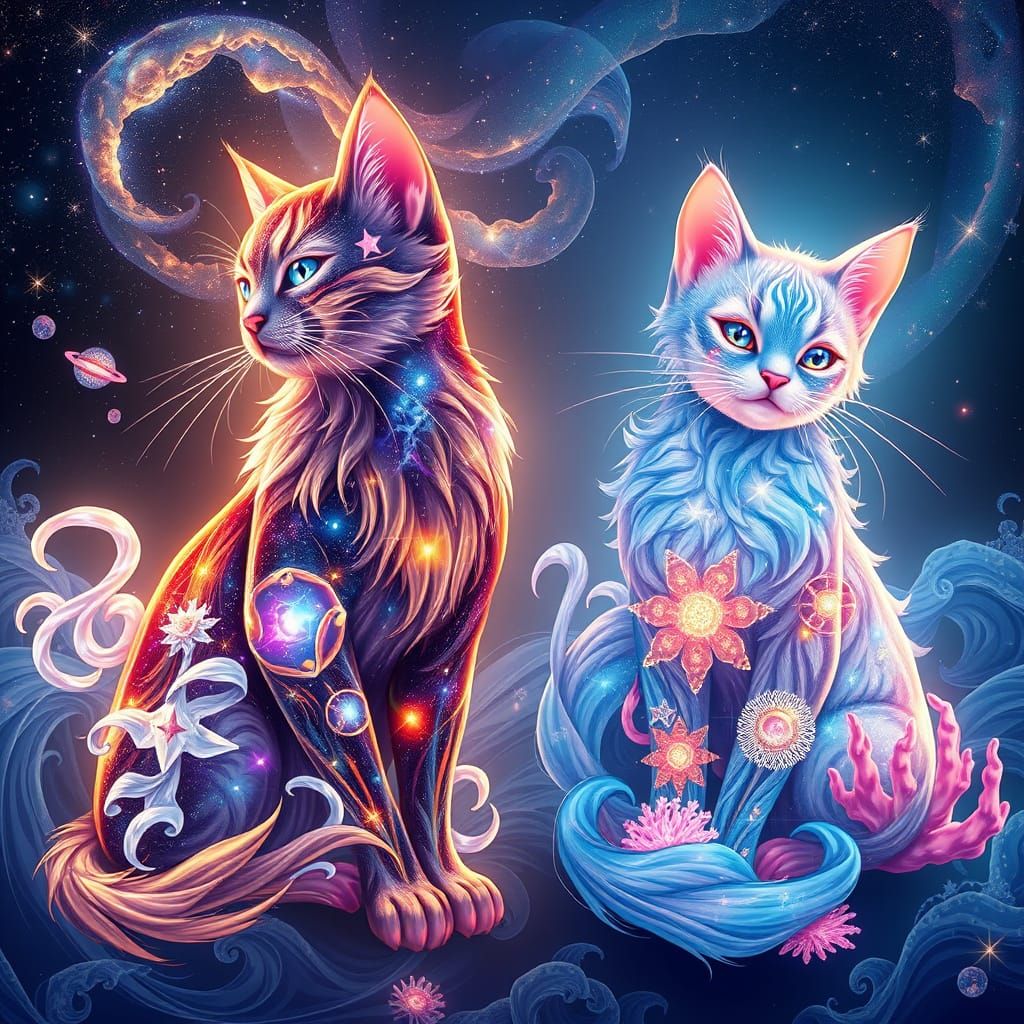 The Universe and Ocean Cats - Cosmic Felines in Vibrant Anim...