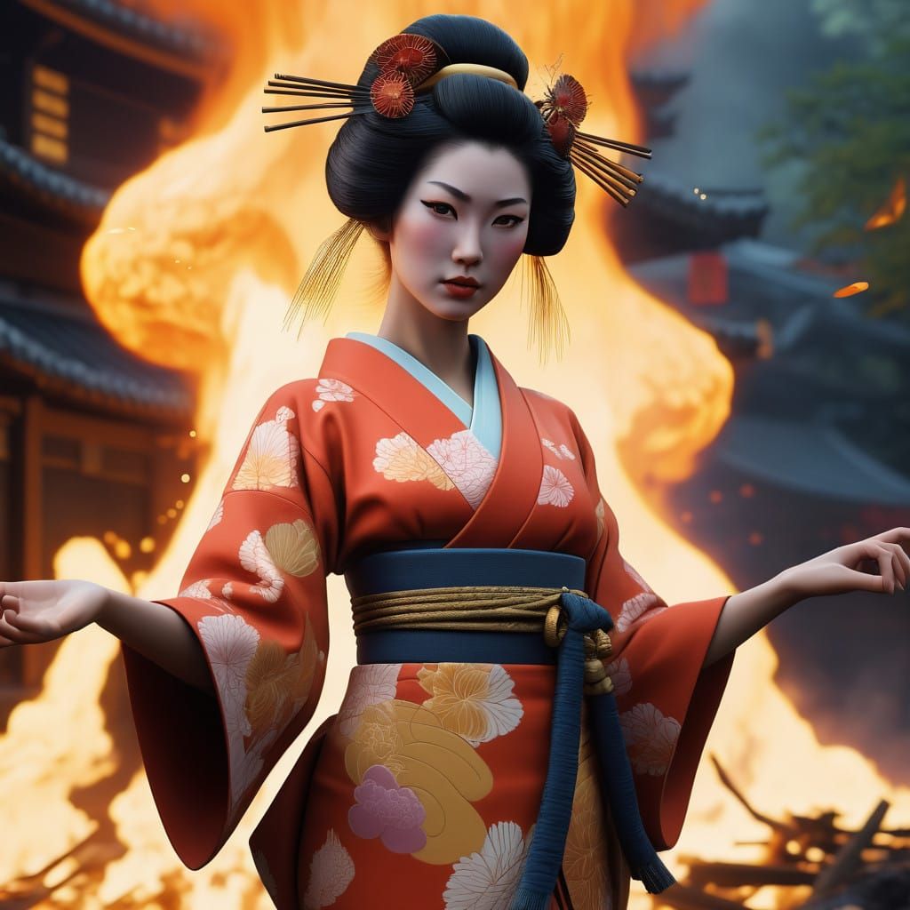Ethereal Geisha Ignited by Flames in a Surreal Jap... - AI Art