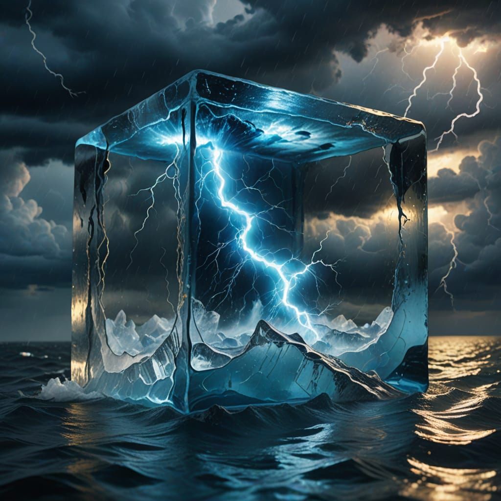 Hyper-realistic digital art. Close up. Ocean storm and lightning inside a Clear giant ice cube ...