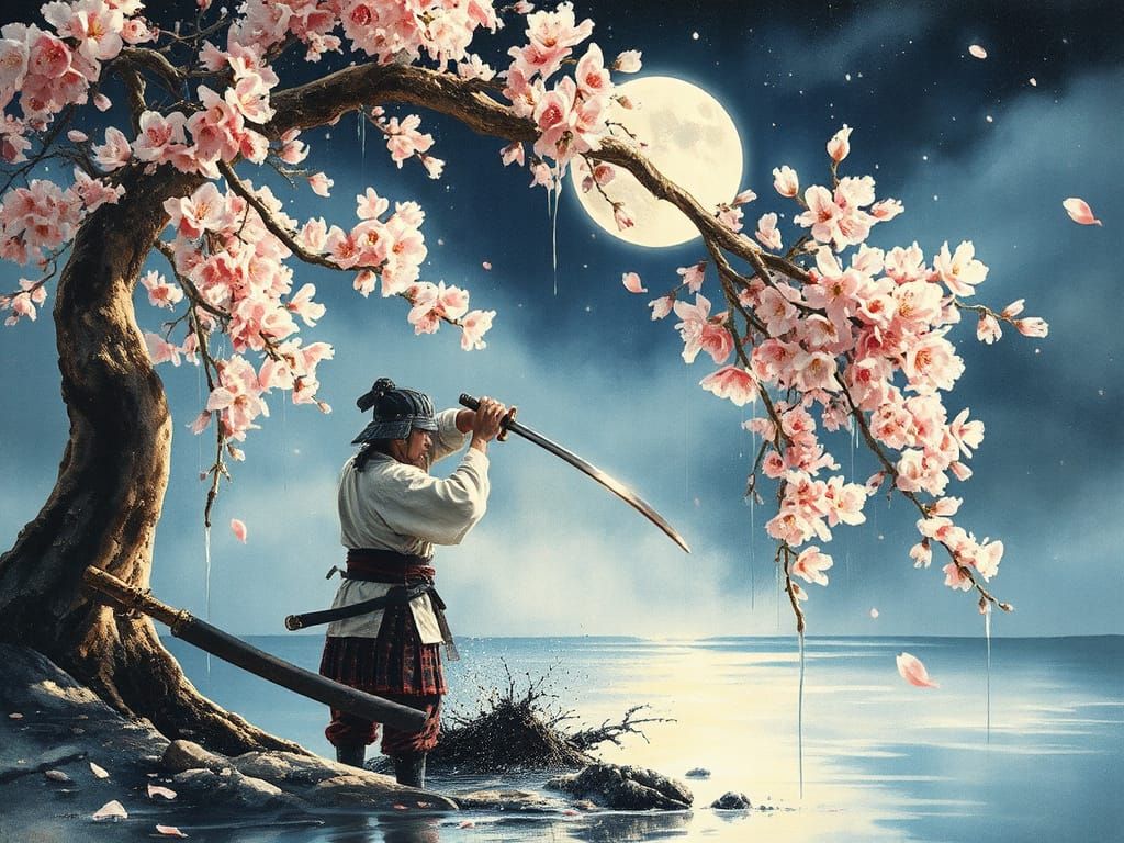 Ethereal Samurai under Cherry Blossoms, Moonlight,... - AI Art