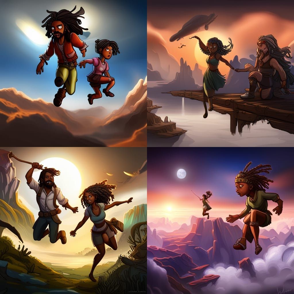 Cartoon Trapper Couple Falling: Fantasy Concept Ar... - AI Art