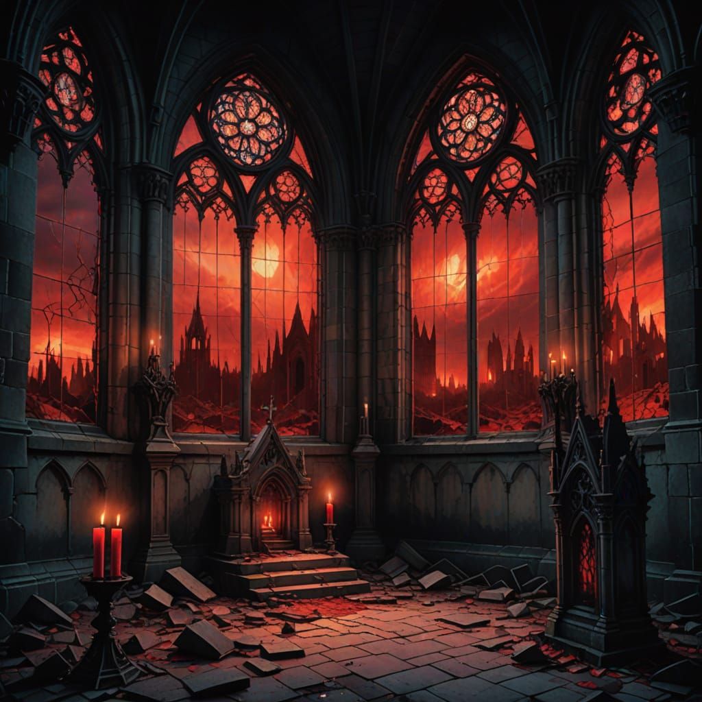 Gothic Ruins Under Crimson Twilight - AI Art