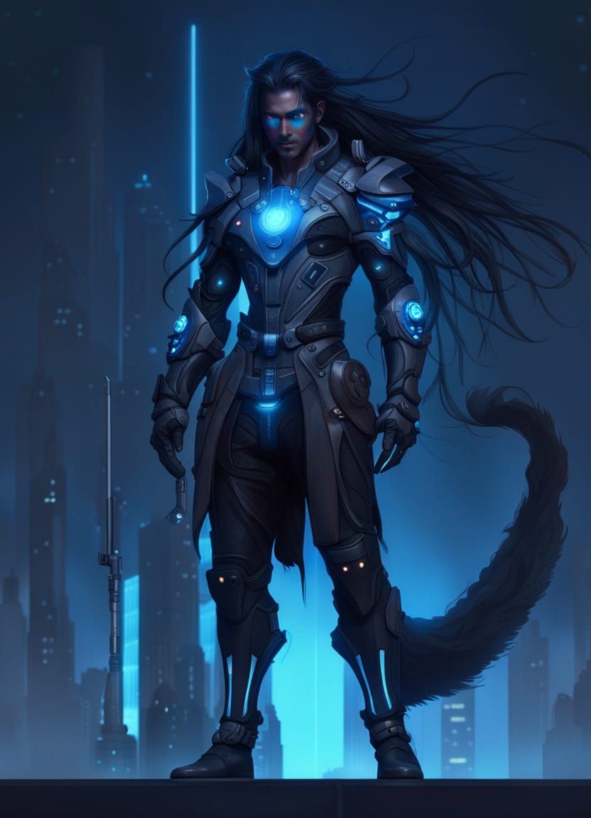 Evolved Cyberpunk human male, dark blue skin, cat eyes, glowing data ...