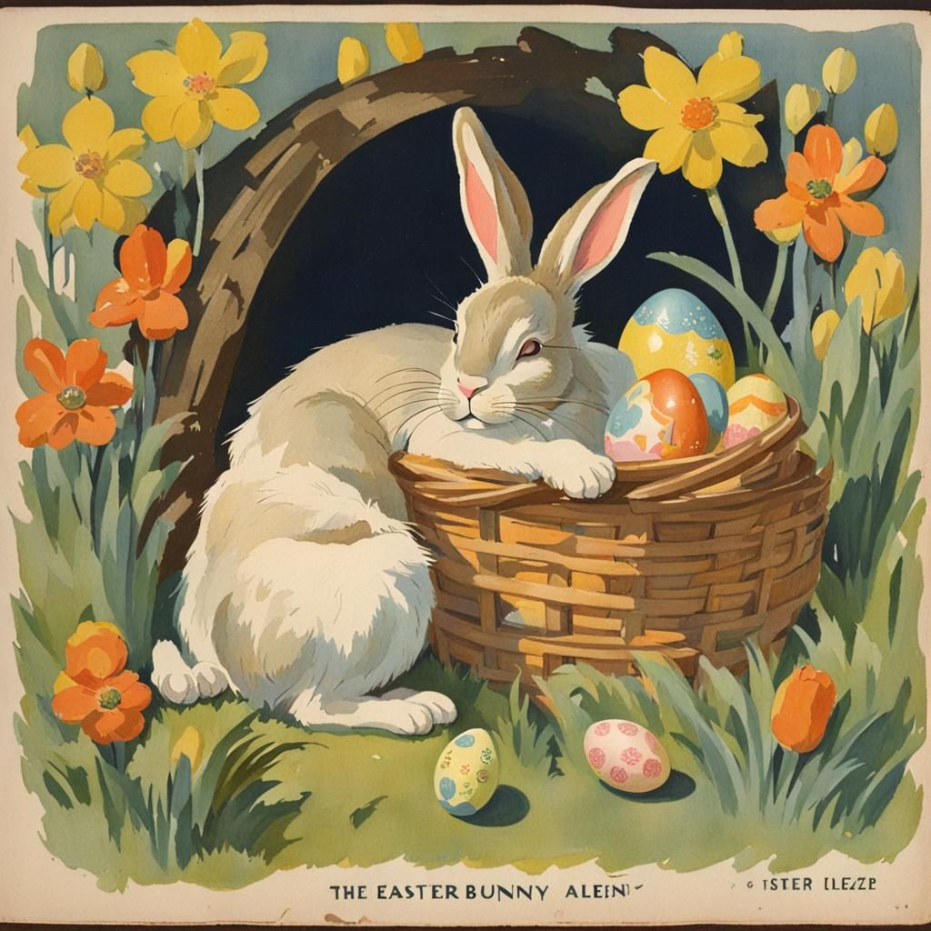 1920s children's book, the Easter Bunny asleep - AI Generated Artwork ...