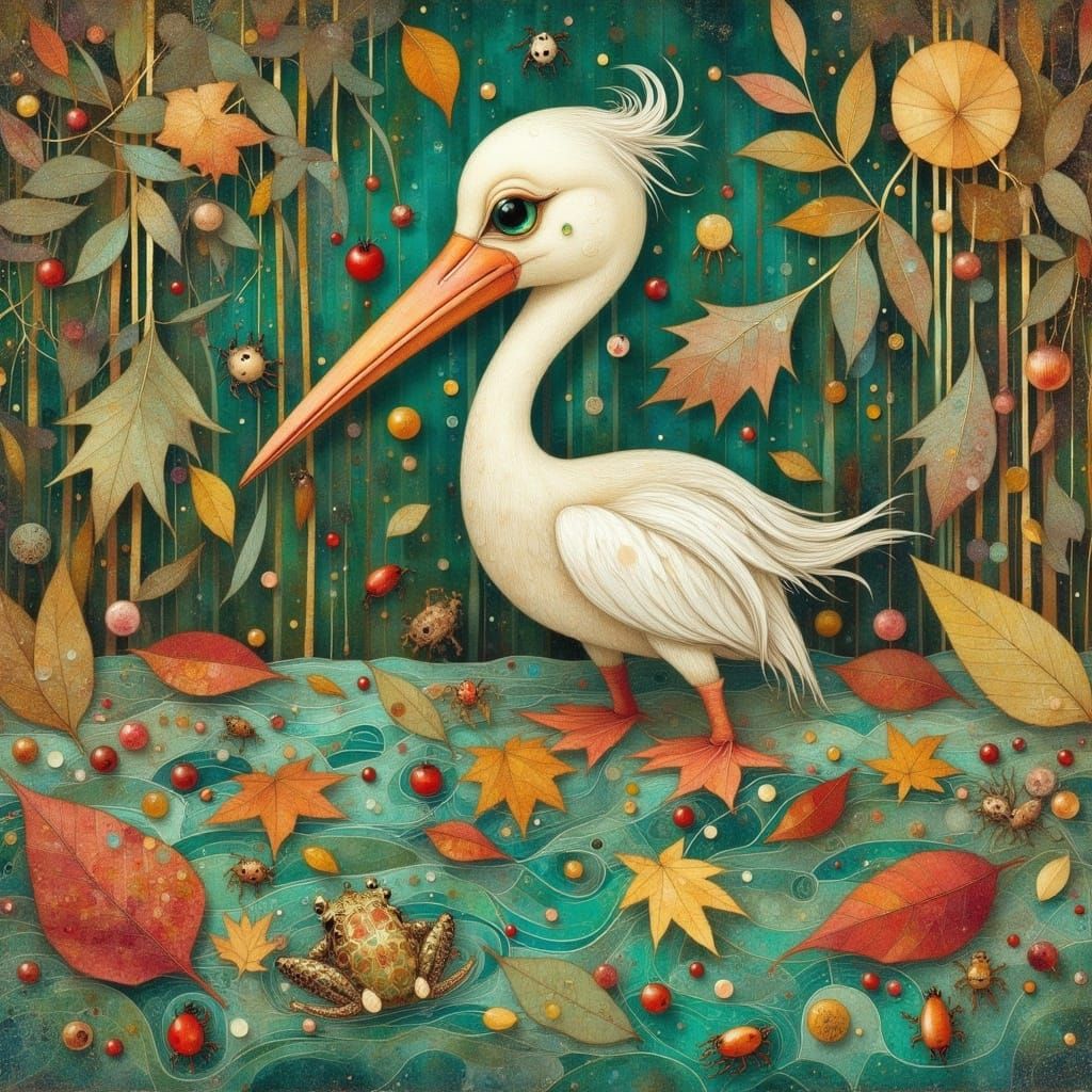 Hunting for frogs on the swamp - Wistful Pelican in a Vernal...