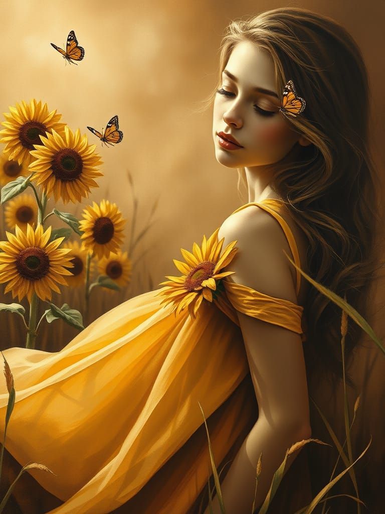 sepia oil painting - Beautiful Woman in Sunflowers Garden