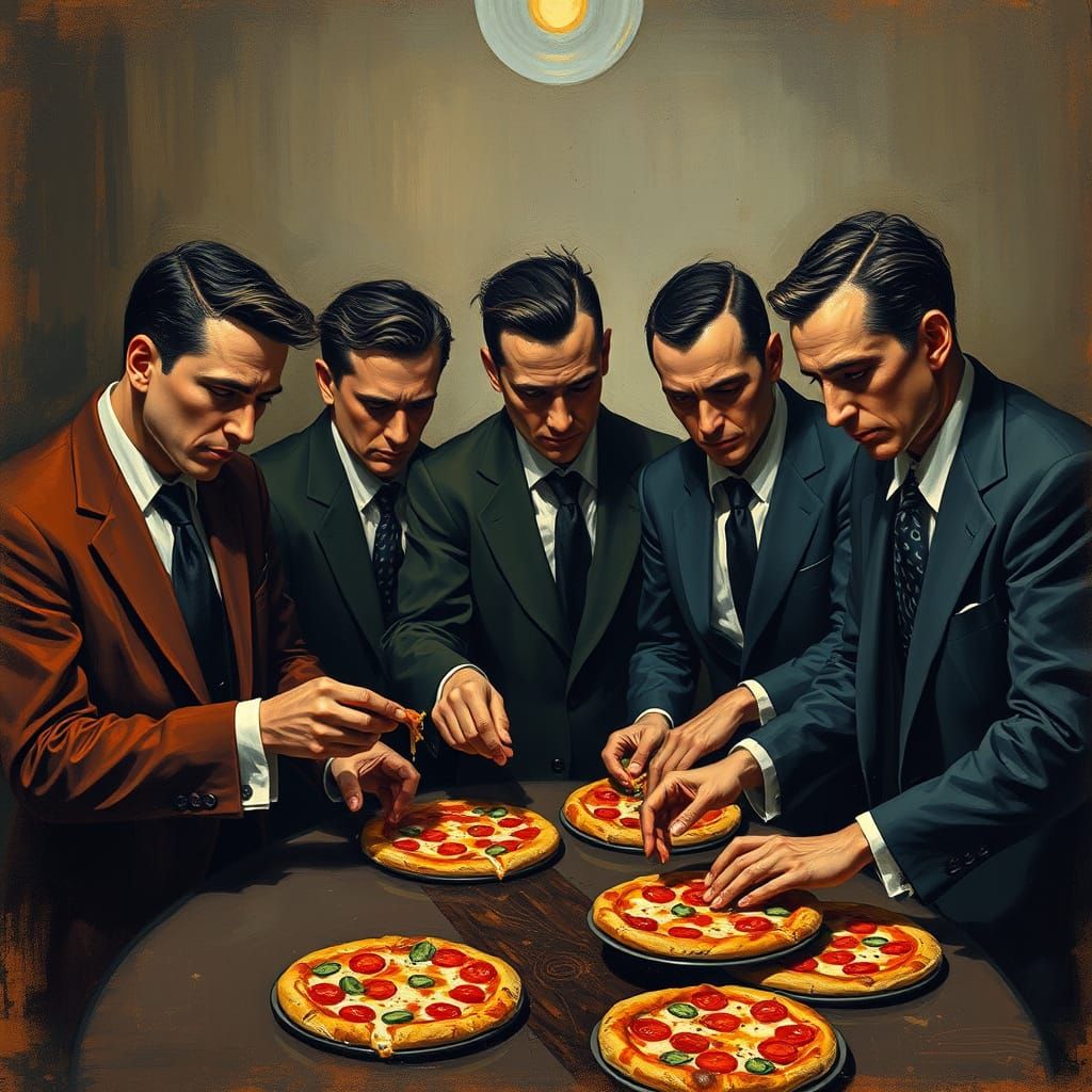 Ominous Pizza Gathering in Expressionist Style - AI Art