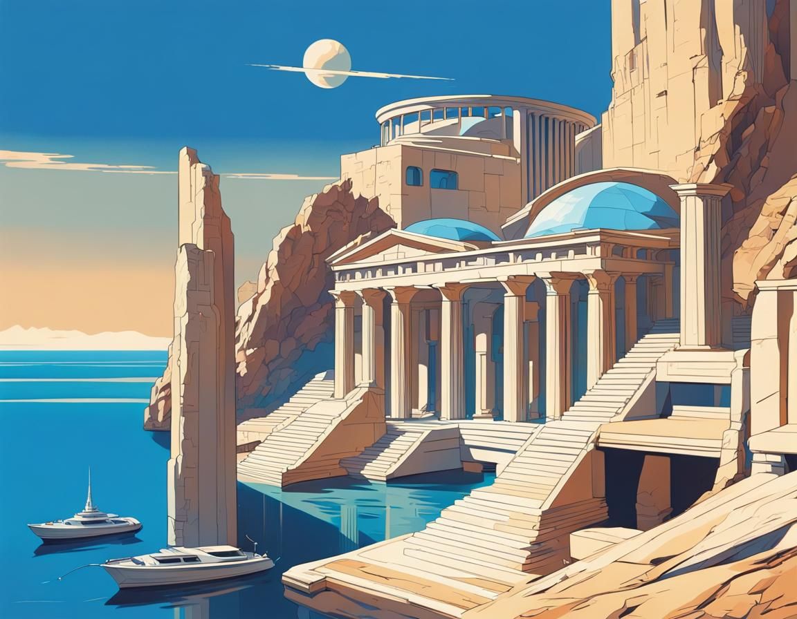 Retro-Futuristic, majestic Ancient Greek City on the shores of the ...