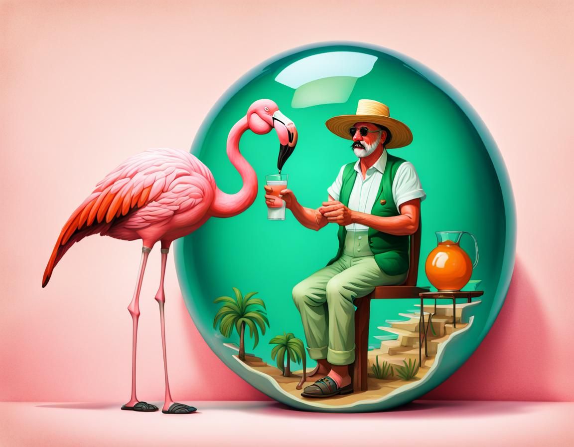 the flamingo man has a glass of water in his hand, in the style of ...