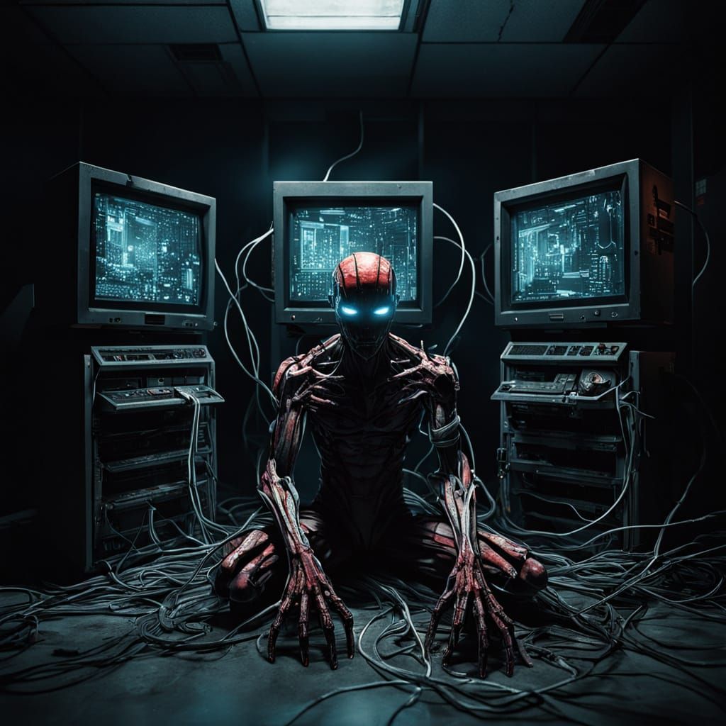 Pixelated Entity Emerges in Dark, Futuristic Serve... - AI Art