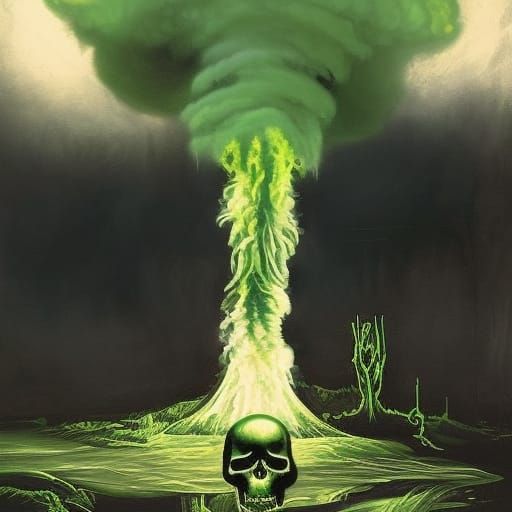 Neon green Mushroom cloud with a skull at the top of it - AI Generated ...