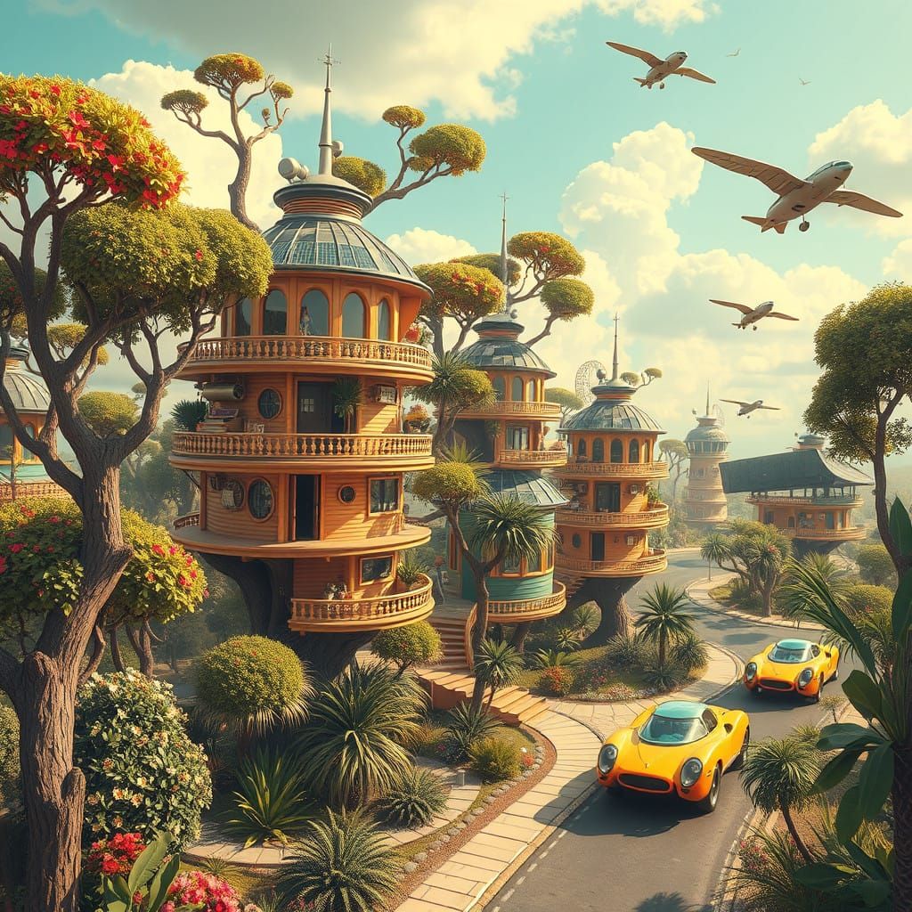 Vibrant Solarpunk Suburb with Flying Cars - AI Art