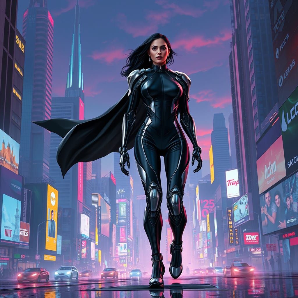 Indian Cyberpunk Woman Walks Amidst Futuristic Cit... - AI Art