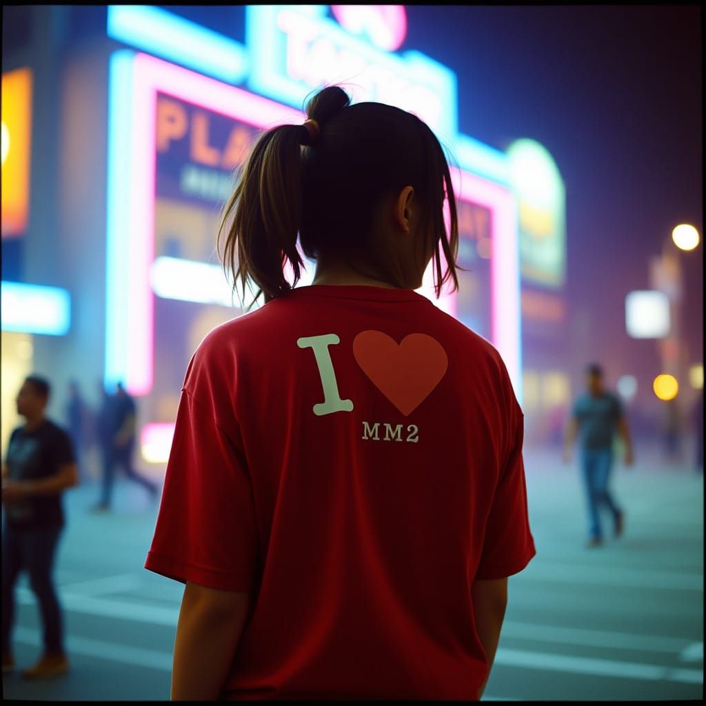girl put i love mm2 shirt - Girl in Cinematic Film Still wit...